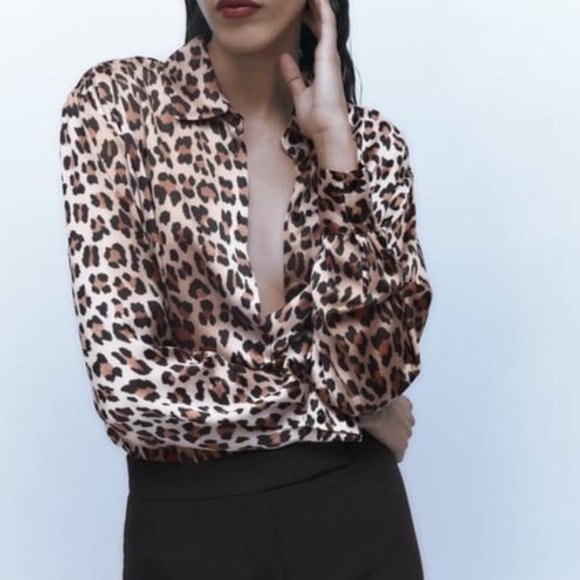 Zara | Tops | Zara Silky Satin Leopard Cheetah Animal Print Button Down ...